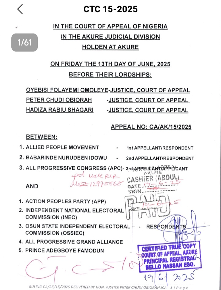 CTC of Appeal Court Judgement Upholds Newly Conducted Election - Osun ...